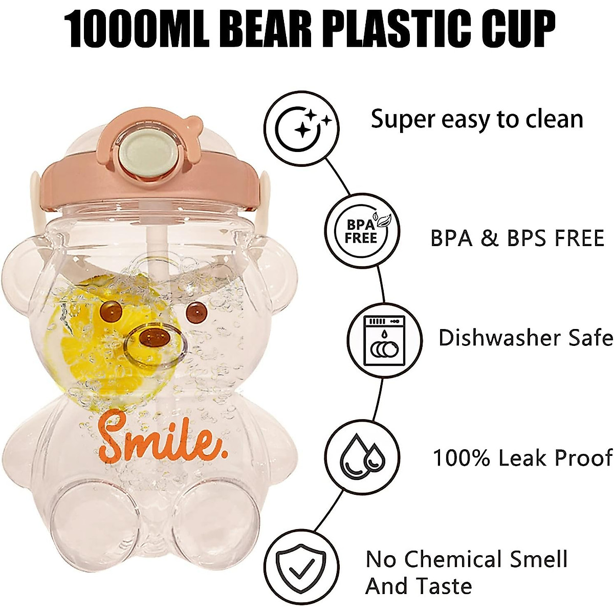 JRIQH Kawaii Bear Straw Bottle,Leak-Proof Water Bottle with Adjustable & Removable Shoulder Strap for Boy and Girls (coffee)