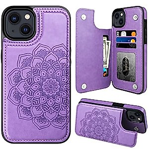 MMHUO for iPhone 14 Plus Case with Card Holder, Flower Magnetic Back Flip Case for iPhone 14 Plus Wallet Case for Women, Protective Case Phone Case for iPhone 14 Plus,Purple