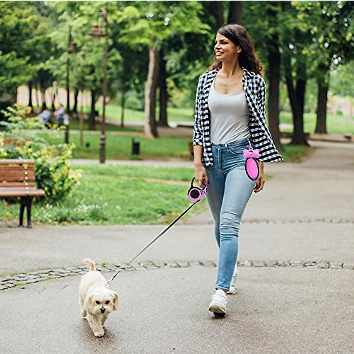 Dunhuang Retractable Dog Leash for X-Small/Small/Medium, 10ft (for Dogs Up to 22lbs), with 1 Free Portable Silicone Dog Bowl + 1 Waste Bag Dispenser + 3 Waste Bag (Pink)
