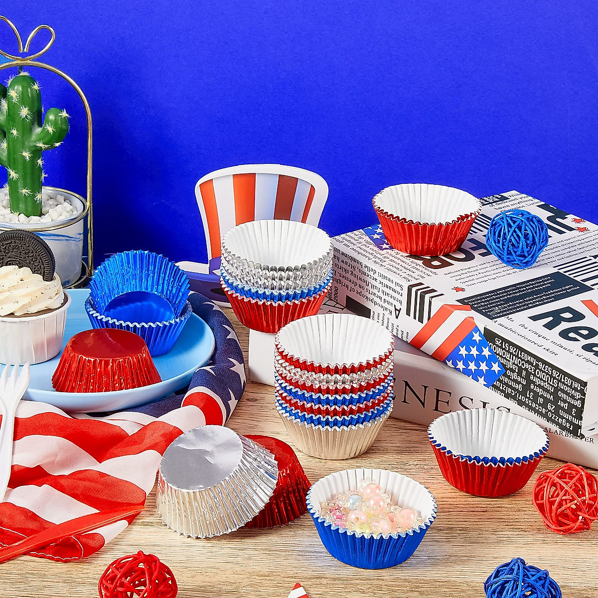 Mumufy 300 Count Foil Cupcake Liners 2 Inch Cupcake Wrappers Paper Bake Cup Set Foil Muffin Liners for Independence Day Christmas Halloween Party Supplies (Sliver, Red, Blue)