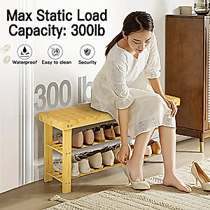 CMOOD Bamboo Shoe Rack Bench, 3-Tier Bamboo Shoe Organizer for Entryway Hallway Bathroom Bedroom Living Room, Storage Shoe Shelf Holds up to 300lbs