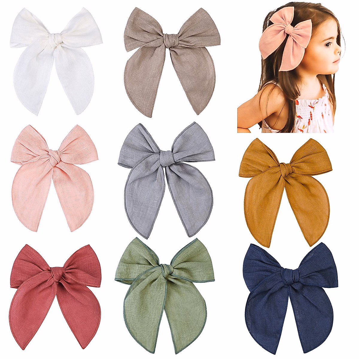 DEEKA 8 PCS Large Fable Cotton Linen Hair Bow for Toddlers Girls Handmade Neutral Hair Accessories for Little Girls Kids