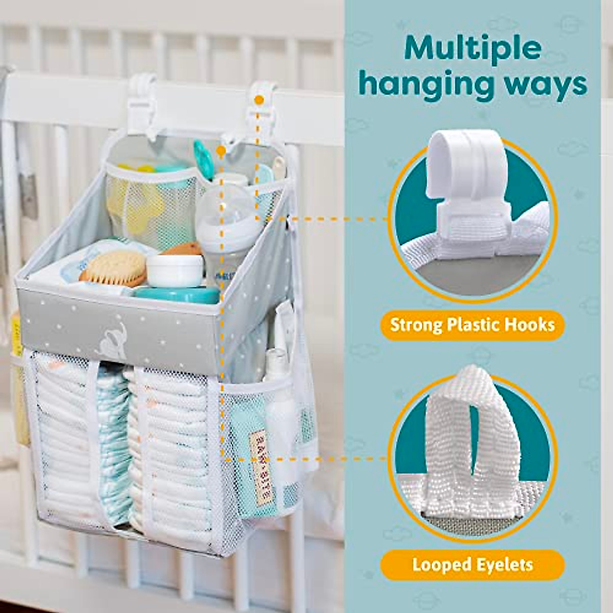Cradle Star Hanging Diaper Caddy Organizer - Diaper Organizer Caddy with Multiple Pockets - Baby Organizer for Nursery Accessories - Changing Table Organizer and Diaper Storage - 17x9x9 in - Gray