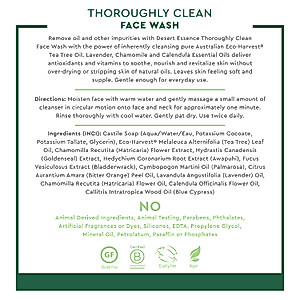 Desert Essence Thoroughly Clean Face Wash with Tea Tree Oil, Castile Soap and Coconut Oil - Organic Facial Cleanser for Sensitive and Oily Skin, Vegan & Cruelty-Free, 32 fl oz