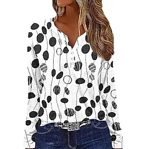 Blouses for Women Business Casual Fashion Basic Dot Line Pattern Print Tops Long Sleeve Henley Tunic Pullover Fall Winter V Neck Button Down Tee Shirts Navy 2XL
