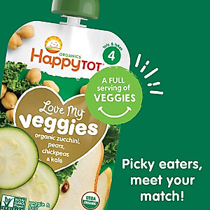 Happy Tot Organic Stage 4 Baby Food, Love My Veggies, Zucchini/Pear/Chickpeas & Kale, 4.2 Ounce (Pack of 8)