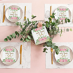 Kosiz 200 Pcs Floral Disposable Engagement Party Napkin 5 x 5 Inch Gold Foil She Said Yes Napkins 3 Ply Bridal Shower Napkins Engagement Party Decorations for Bachelorette Wedding Party Supplies