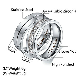 Aeici Titanium Rings for Women, Wedding Ring for Women Stainless Steel Cubic Zirconia I Love You 6mm Size 5.5