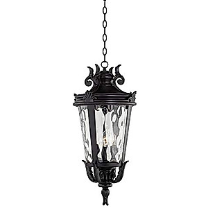 John Timberland Casa Marseille European Outdoor Ceiling Light Hanging Black Scroll 26 1/4" Clear Water Glass Damp Rated for Exterior House Porch Patio Outside Deck Garage Front Door Home
