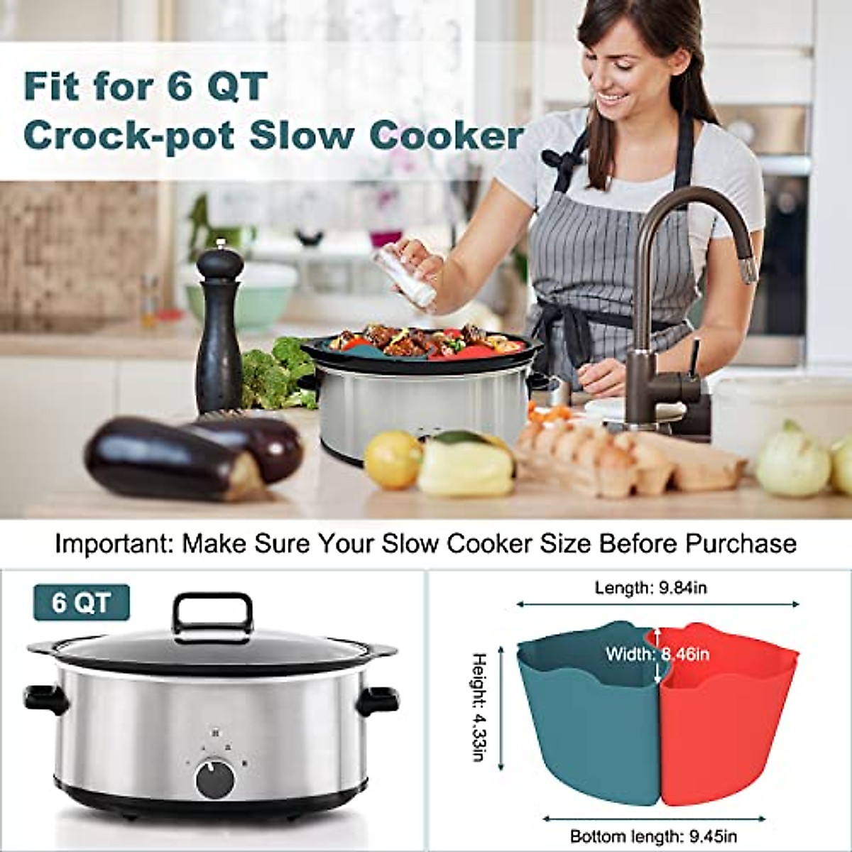 Dompion Silicone Slow Cooker Liners, Reusable 2 Divider Insert Fits for Crock-pot Oval 6 QT Slow Cooker, Dishwasher Safe, Easy Cleanup, Food-Grade BPA Free Cooking Liners for Most 6 QT Slow Cooker