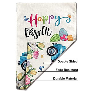 Happy Easter Bunny on The Truck Flag Vertical Double Sided Garden Flag, Indoor and Outdoor Decoration Flag, Bunny Tail and Eggs on The Bright Truck, Welcome Yard Flags for Party Home Decor