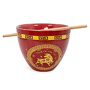 Boom Trendz Year Of The Ox Chinese Zodiac Ceramic Dinnerware Set | Includes 16-Ounce Ramen Noodle Bowl and Wooden Chopsticks Asian Food Dish For Home & Kitchen Kawaii Lunar New Gifts red One Size