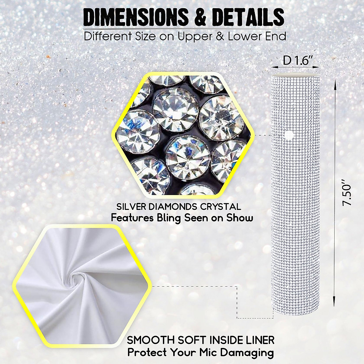 RhymKawa Silver Crystal Mic Handle Cover for Universal Wireless Microphone and SM58, BETA58, Sparkle Cordless Handheld Shining on Tours & Shows (Mic NOT Included)