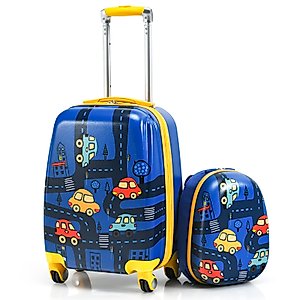 GYMAX 2Pc Kid Carry On Luggage Set, 12" & 18" Kids Suitcase with 4 Spinner Wheels, Travel Rolling Trolley (Cars)