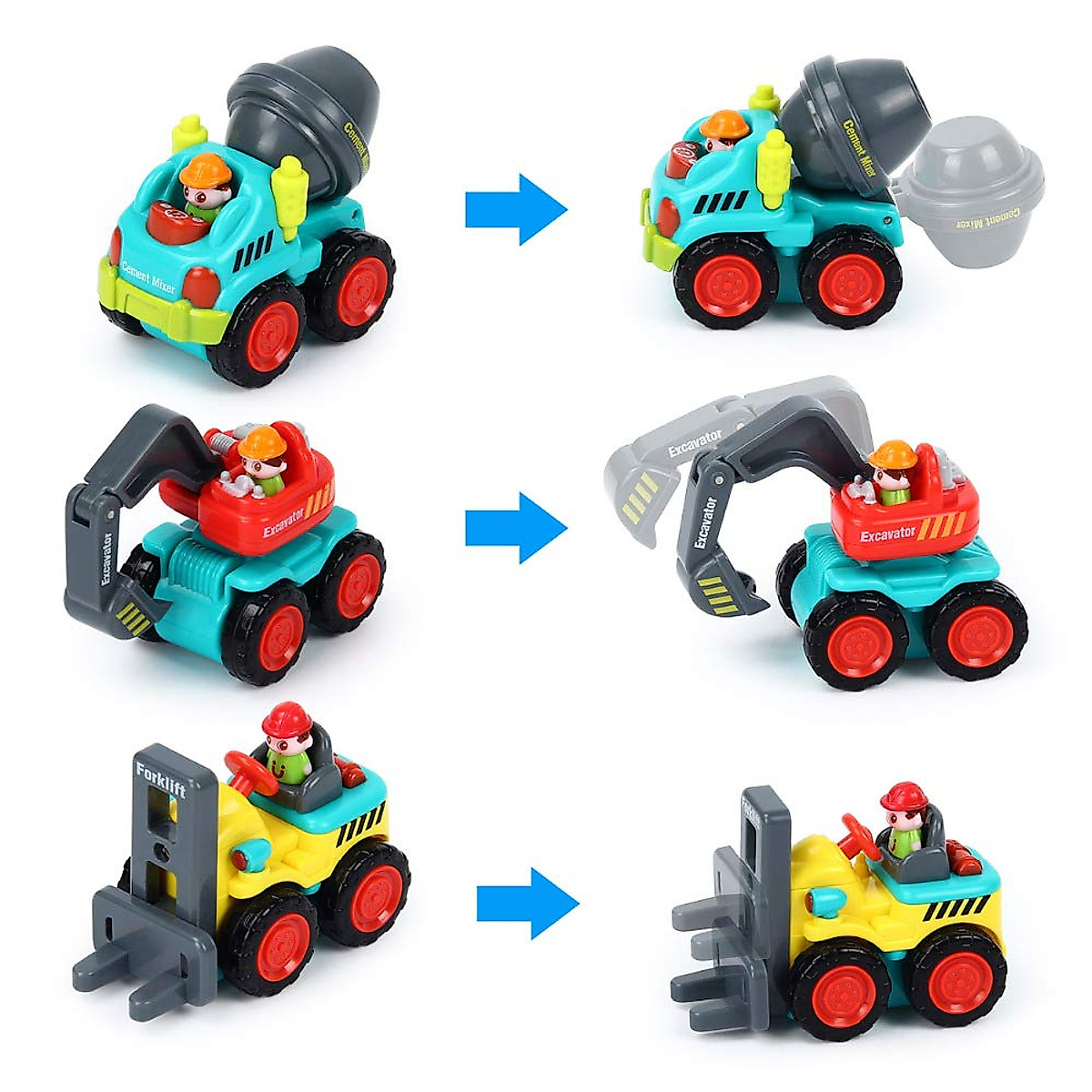 Push & Play Vehicles for Toddlers, Kids, Boys 6 Pack Friction Powered Action City Construction Engineering Playset with Mini Bulldozer, Excavator, Dumper, Cement Mixer, Forklift and Road Paver