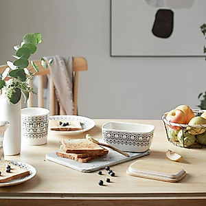 DOWAN Butter Dish with Lid, Ceramic Covered Butter Holder, White Butter Keeper Container, Farmhouse Butter Dish for Countertop Holds up to 2 Sticks, Modern Bohemian