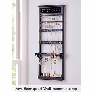 LUXFURNI Jewelry Organizer Holder Wall Mount Door Hanging Jewlery Storage, Display for Necklaces Bracelet Earrings Ring with wood tray(Black)