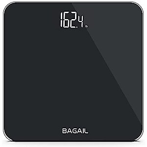 BAGAIL BASICS Bathroom Scale, Digital Weighing Scale with High Precision Sensors and Tempered Glass, Ultra Slim, Step-on Technology, Shine-Through Display - 15Yr Guarantee Black