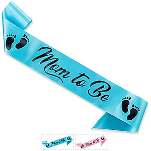 CORRURE Baby Shower Mom to Be Sash for Boy or Girl - Beautiful Blue Ribbon Sash and Black Foil Text - Ideal Gender Reveal, Baby Shower Favors, Welcome Baby, Mom to Be or Baby Sprinkle Gift