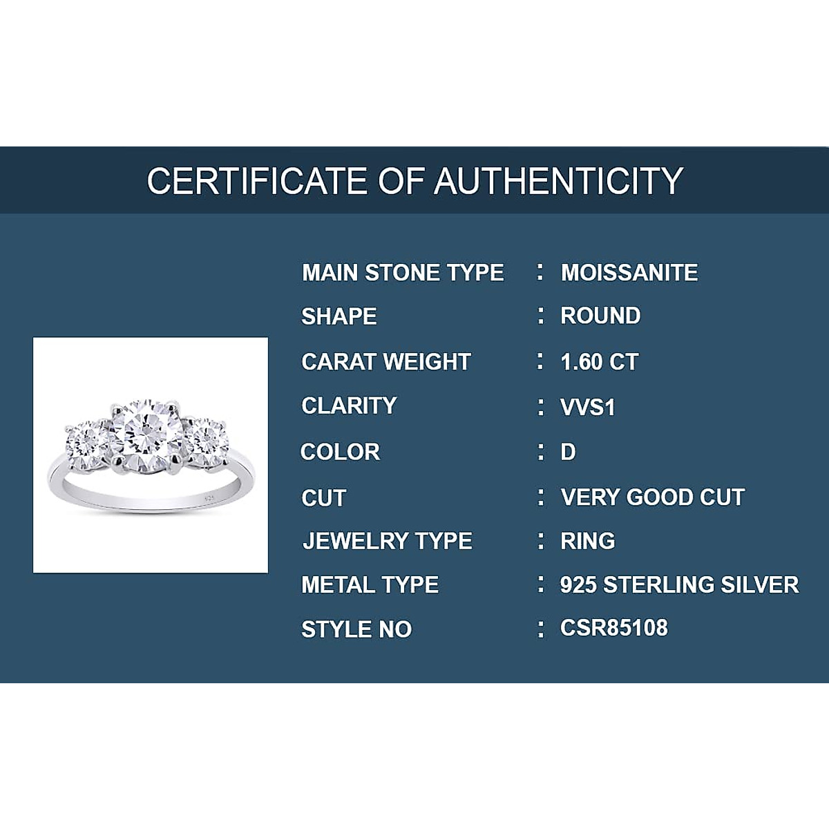 SAVEARTH DIAMONDS 1.6 Carats Round Lab Created Moissanite Diamond Three Stone Promise Ring for Women 18K Yellow Gold Plated 925 Sterling Silver with Certificate of Authenticity Size-8