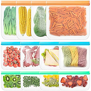 BLOCE Reusable Food Storage Bags, 12 Pack BPA FREE Flat Freezer Bags - Includes 4 Reusable Gallon Bags + 4 Leakproof Reusable Sandwich Bags + 4 Food Grade Kids Snack Bags, FDA Grade Reusable Ziplock Bags Silicone for Meat Fruit Cereal Snacks