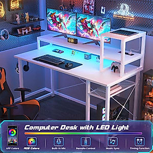 Besiost Gaming Desk with Lights & Power Outlets, 39.4' Computer Desk with Shelves, Small Desk for Small Space, Writing Desk with Monitor Stand, White