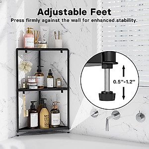 Kawaiita Corner Shower Caddy Stand, 3 Tier Floor Shower Organizer Stands for Inside Shower, Bathtub, Bathroom Corner Shower Shelf Rack with Adjustable Feet & 4 Hooks, Metal, Matte Black