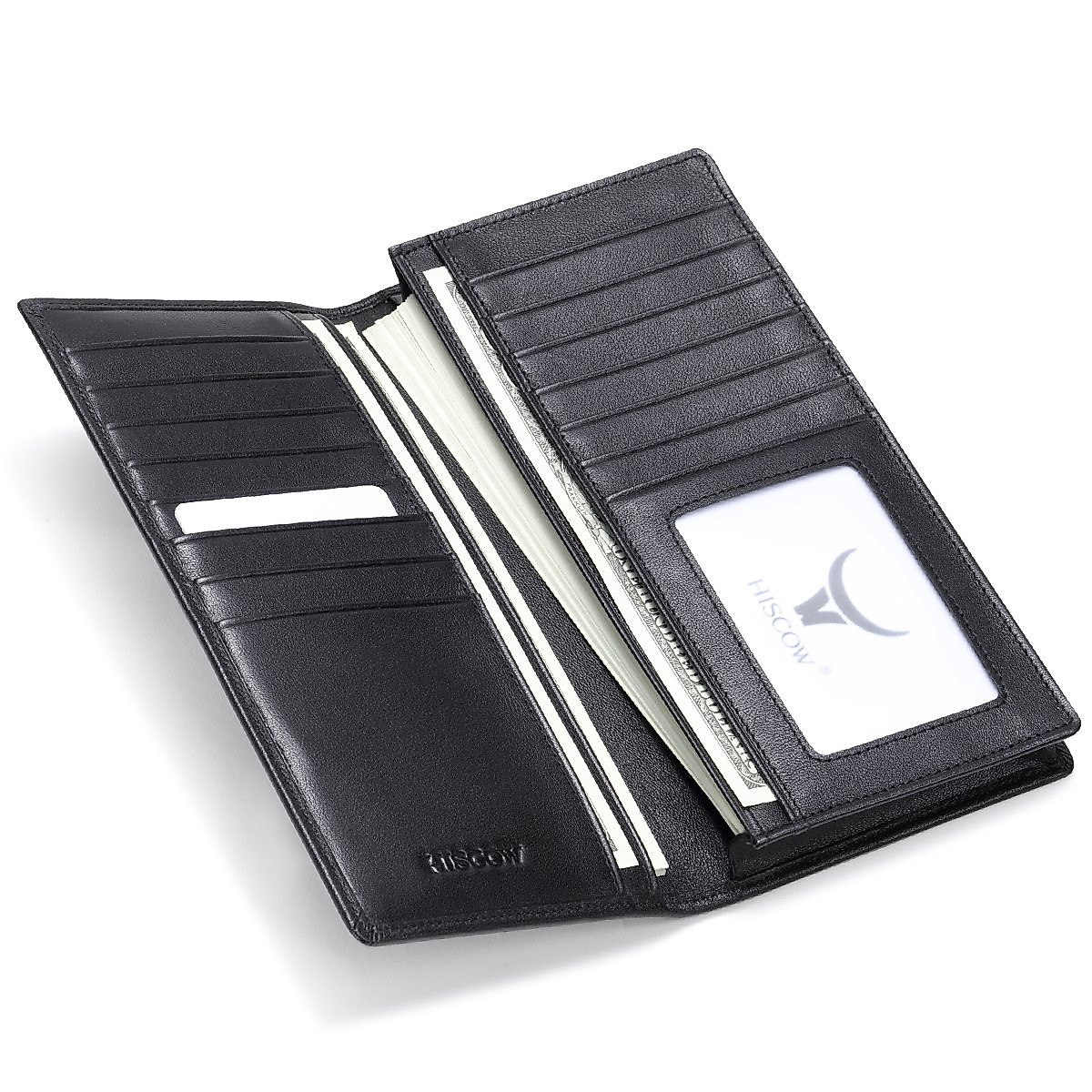 HISCOW Bifold Long Wallet with 15 Credit Card Slots - Italian Calfskin (Black)