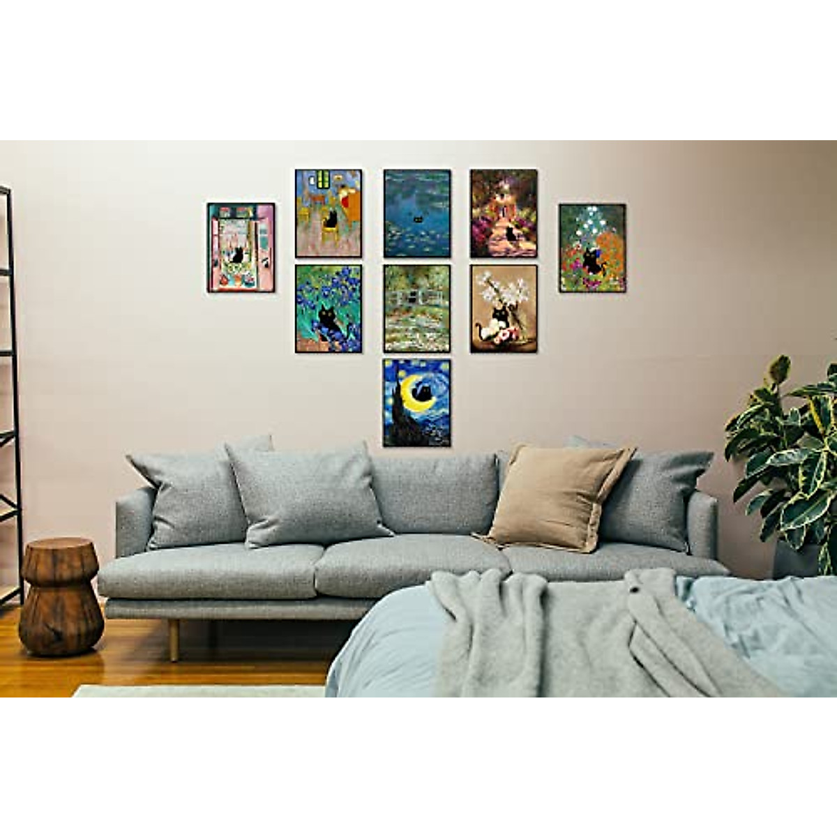 9 Pieces of Matisse's interesting Black Cat Posters Wall Art Print Monet Eclectic Aesthetics Retro Wall Decoration Cat Lover Canvas Flower Printing Colorful Farmhouse Gallery Bedroom Bathroom