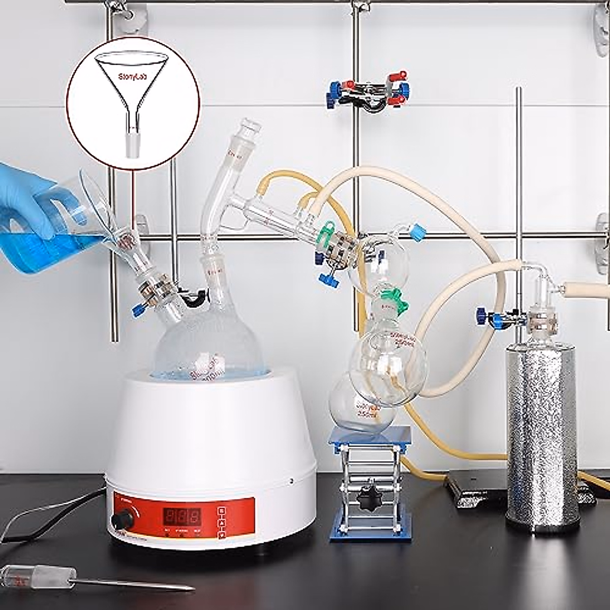 StonyLab Glass Short Stem Powder Funnel with 100 mm Top Outer Dimension and 24/40 Inner Joint Filter Funnel Glass Funnel