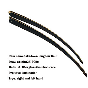 60 Inch Black Hunter Takedown Longbow Limbs 25-60 Lbs Replacement Bow Limbs Only for Right Hand and Left Hand (55 Lbs, Left Handed)
