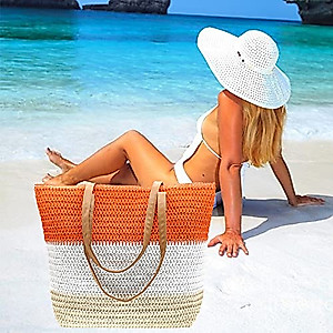 CIOOU Large Straw Tote Bag for Women Rattan Woven Beach Bag Summer Colored Stripe Shoulder Bags (orange beige nature bag totes)