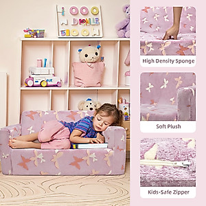 CREAWELLAY Comfy Toddler Couch Chair, Soft Chair for Kids 2 Seats, 2 in 1 Plush Fold Out Kid Sofa Chair, Convertible Sofa to Lounger Sleeper Chair for Girls and Boys, Glow Butterfly