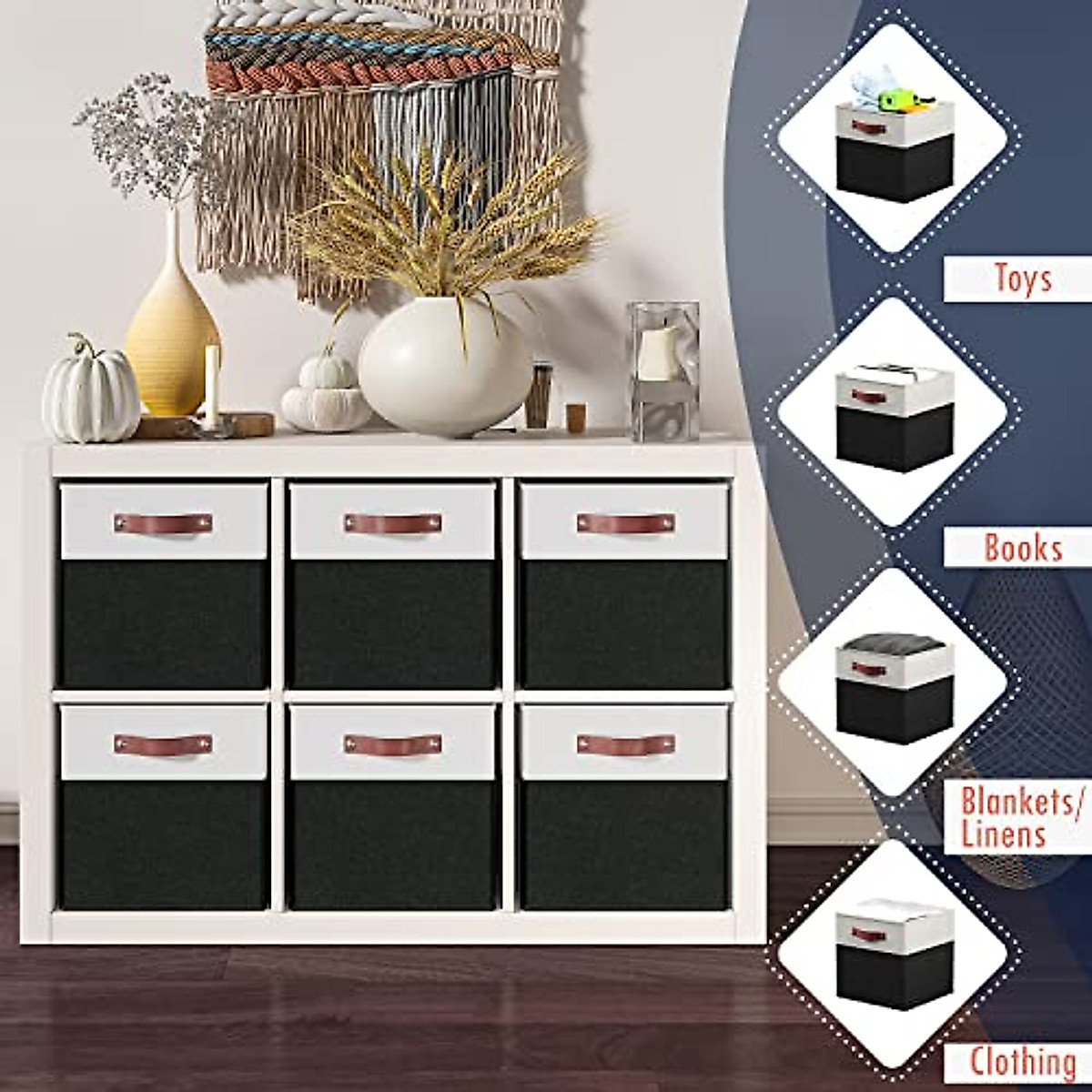 Ornavo Home Foldable Collapsible Storage Box Bins Linen Fabric Shelf Basket Cube Organizer with Leather Handles - Set of 6 - 13 x 13 x 13 - White/Black