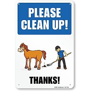 SmartSign 18 x 12 inch “Please Clean Up - Thanks” Horse Poop Metal Sign with Horse Graphic, 63 mil Laminated Rustproof Aluminum, Multicolor, Made in USA