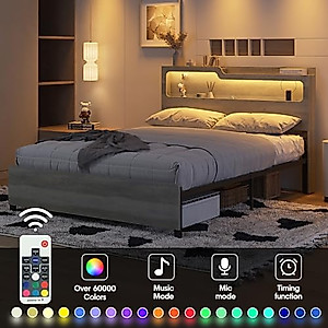 Fameill Full Size Bed Frame with 2-Tier Headboard, Metal Platform Bed Frame RGB Led Lights with Charging Station, No Box Spring Needed, Noise Free