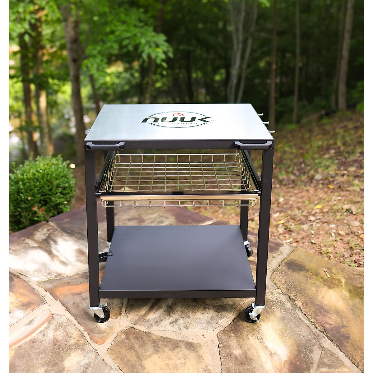 NUUK Double-Shelf Rolling Outdoor Pizza Oven Table, 24" x 30" Stainless Steel Commercial Multifunctional Food Prep Worktable with Drawer on Wheels