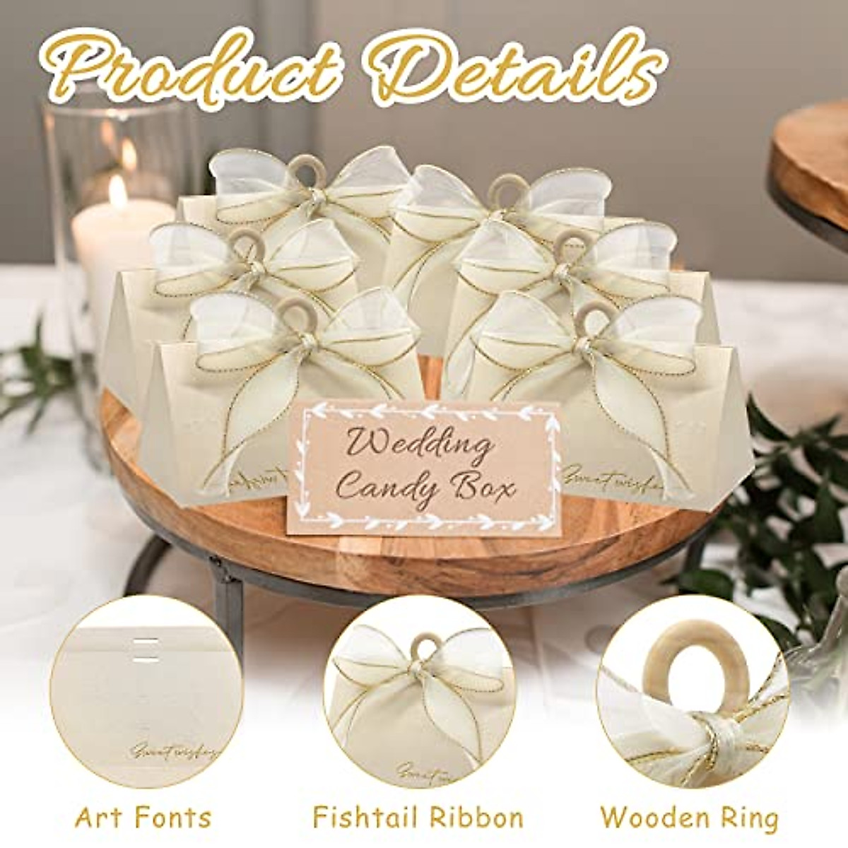 GLGHMH Wedding Candy Boxes, Beige Wedding Favor Boxes Chocolate Treat Gift Boxes,with Wooden Beads and Ribbon,for Wedding Bridal Shower Baptism Baby Shower Birthday Party Decoration Supplies(20pcs,S)