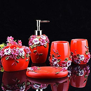 5-Piece Resin Bathroom Accessory Set with Soap Dish, Dispenser, Toothbrush Holder and Tumbler, Red