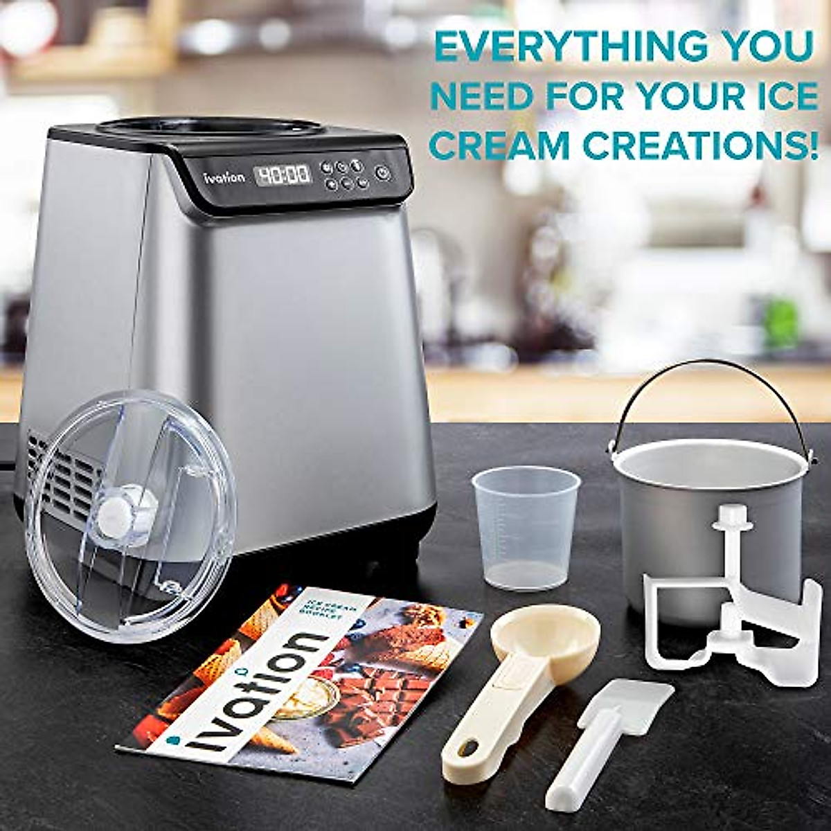 Ivation Automatic Ice Cream Maker Machine, No Pre-freezing Necessary with Built-in Compressor, Stainless Steel Gelato Maker, LCD Screen, Digital Timer, Removable Bowl, Clear Lid