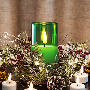 Girimax Green Glass Flameless Candles with Remote, Flickering LED Votive Pillar Candles Battery Operated Slim Tall Candles Φ 2" H 3" 4" 5" 6" 7"