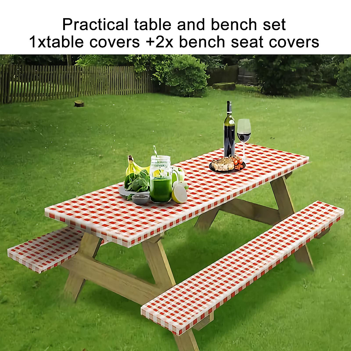 wagude Rectangle Vinyl Camping Picnic Table Cover + Benches 3-pc Set,30x72'' (6-FT) Flannel Backing Elastic Waterproof Wipeable red/White Checkered Plastic Tablecloth for Indoor Outdoor Patio Park