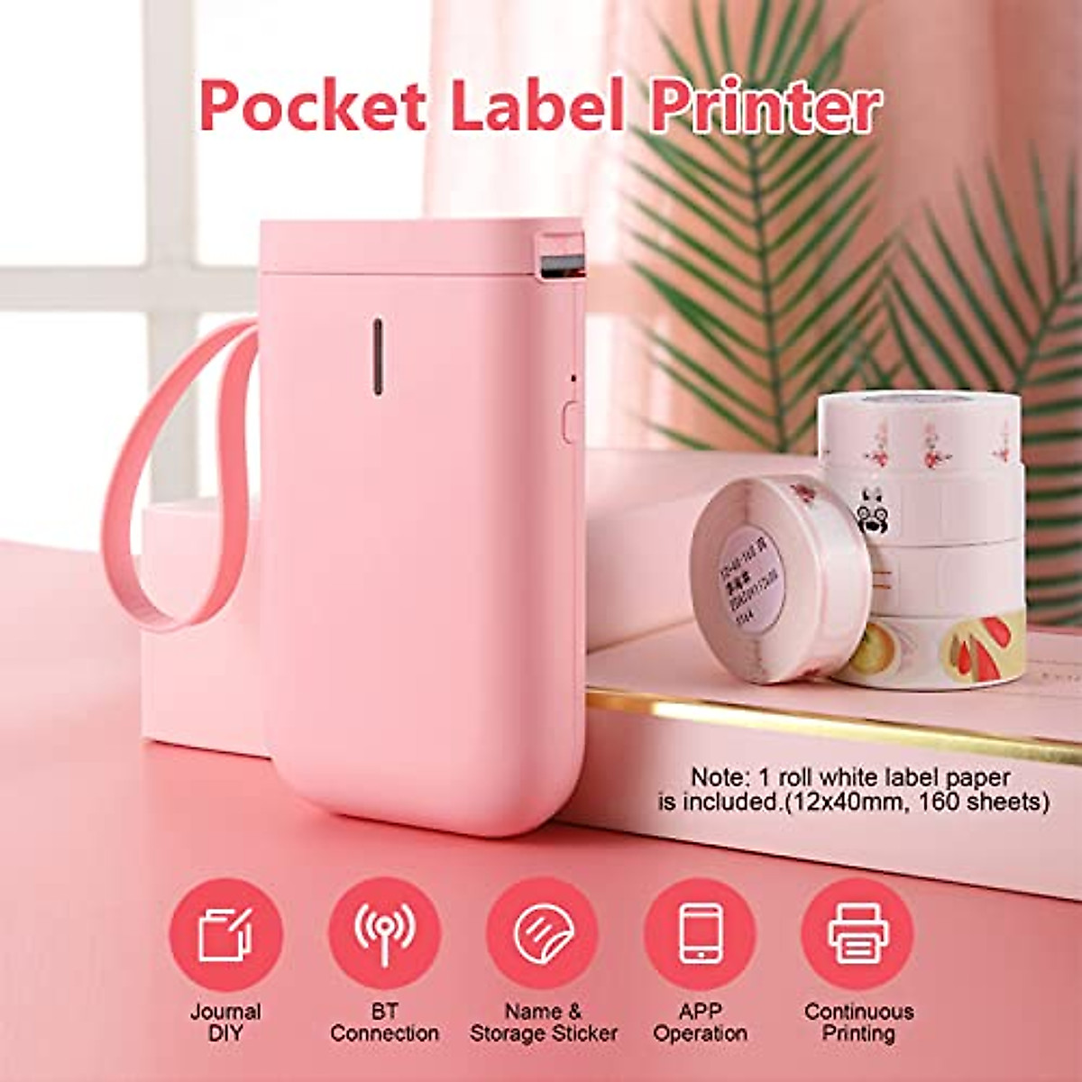 Leepesx Label Maker Machine with Tape, Portable Handheld Thermal Label Printer, Wireless BT Label Maker Sticker Machine, for Home Office School Supermarket Store (Pink)
