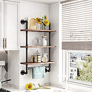 Industrial Bathroom Shelves Rustic Wood Shelves with Towel Bar 24" Farmhouse Shelf for Wall Pipe Shelving-3 Layer