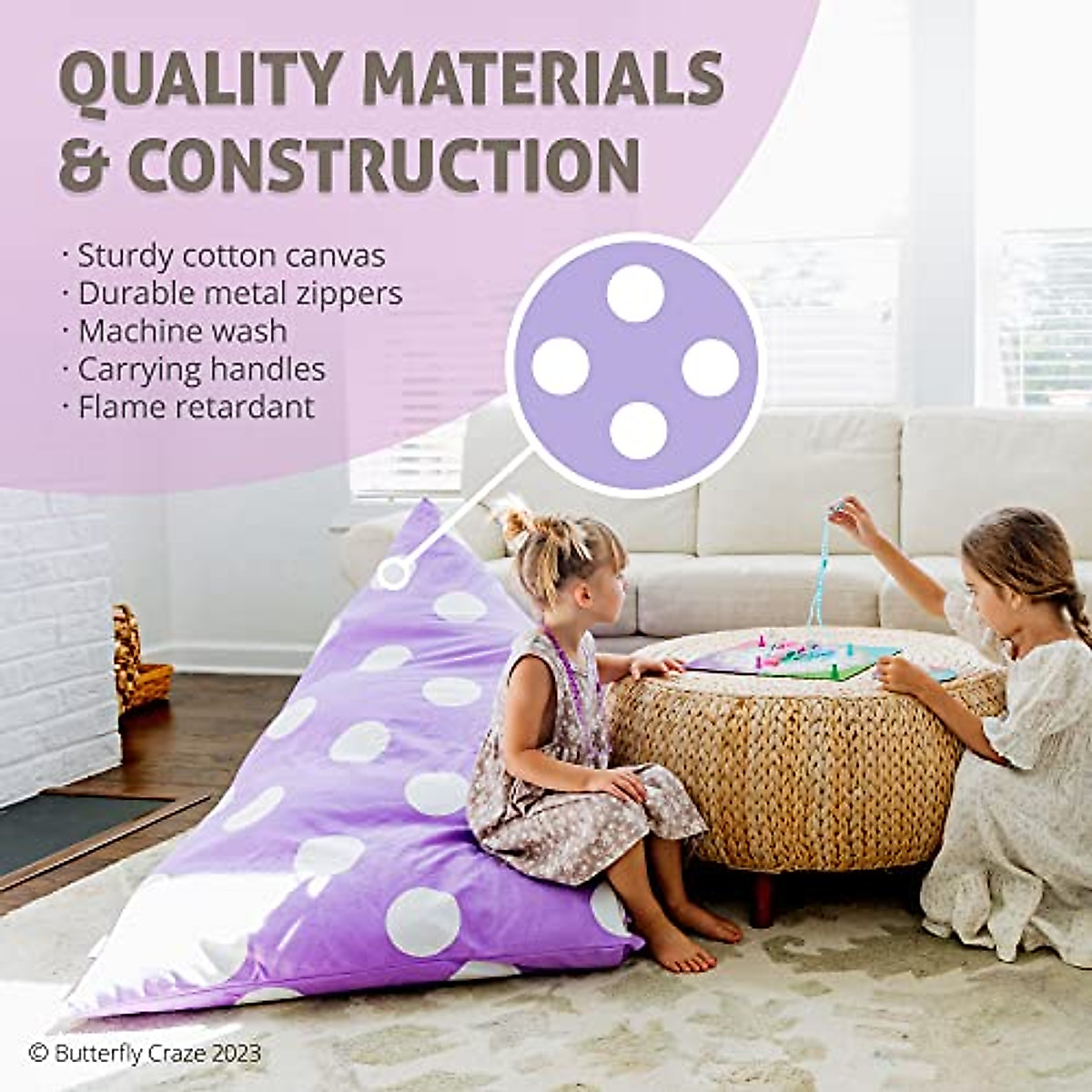 Butterfly Craze Bean Bag Chair Cover, Functional Toddler Toy Organizer, Fill with Stuffed Animals to Create a Jumbo, Comfy Floor Lounger for Boys or Girls, Stuffing Not Included, Purple Polka Dots