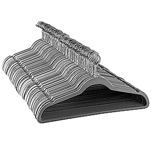 Elama 100 Piece Set of Velvet Slim Profile Heavy Duty Felt Hangers with Stainless Steel Swivel Hooks in Gray