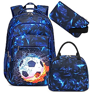 LEDAOU Backpack for Kids Boys School Bags Teen Bookbags Set School Backpack with Lunch Box and Pencil Case (Soccer Ball)