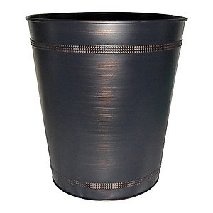 Small Round Metal Wastebasket- Beaded Recycle Trash Can 2.5 Gallon, Open top Garbage Container Bin for Bathrooms, Kitchen, Bedroom, Home Office - Durable Steel - Oil Rubbed Bronze Finish