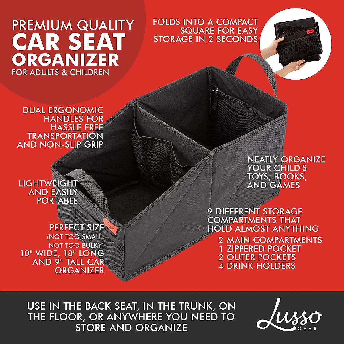 Lusso Gear "Toddler Travel Time Bundle - Gray - Kids Travel Tray, Back Seat Organizer, Car Seat Organizer, Car Trash Can