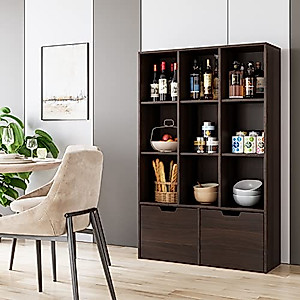 Senfot Bookcase 9 Cube, Modern Bookshelf Storage Cabinet with 2 Large Drawers, Free Standing Storage Organizer Book Shelves for Living Room, Office, Study, Brown